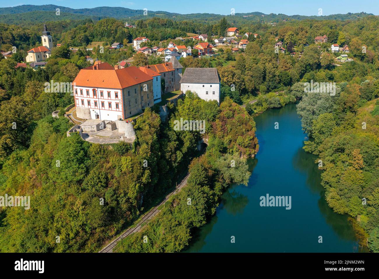 Aerial view of old Ozalj town on the Kupa River, Croatia Stock Photo ...