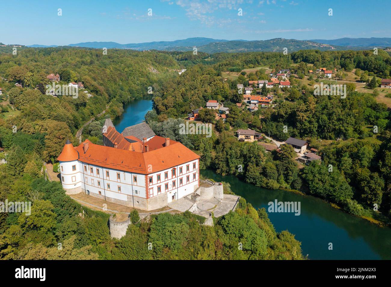 Aerial view of old Ozalj town on the Kupa River, Croatia Stock Photo ...
