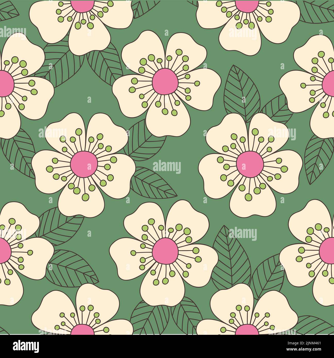 Colorful Medium Scale Hand-Drawn Floral Daisies Vector Seamless Pattern ...