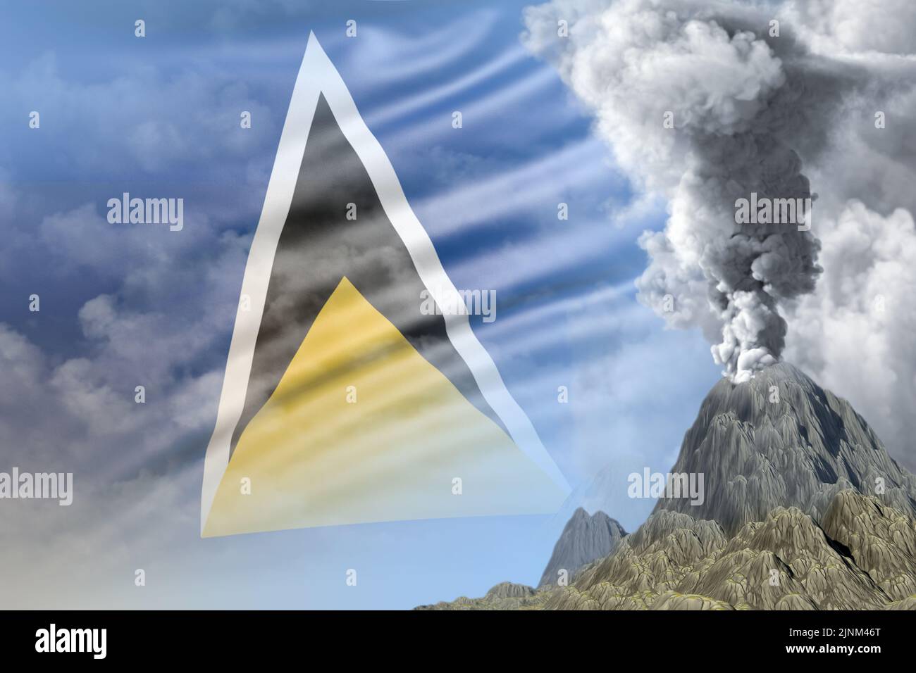 big volcano eruption at day time with white smoke on Saint Lucia flag ...