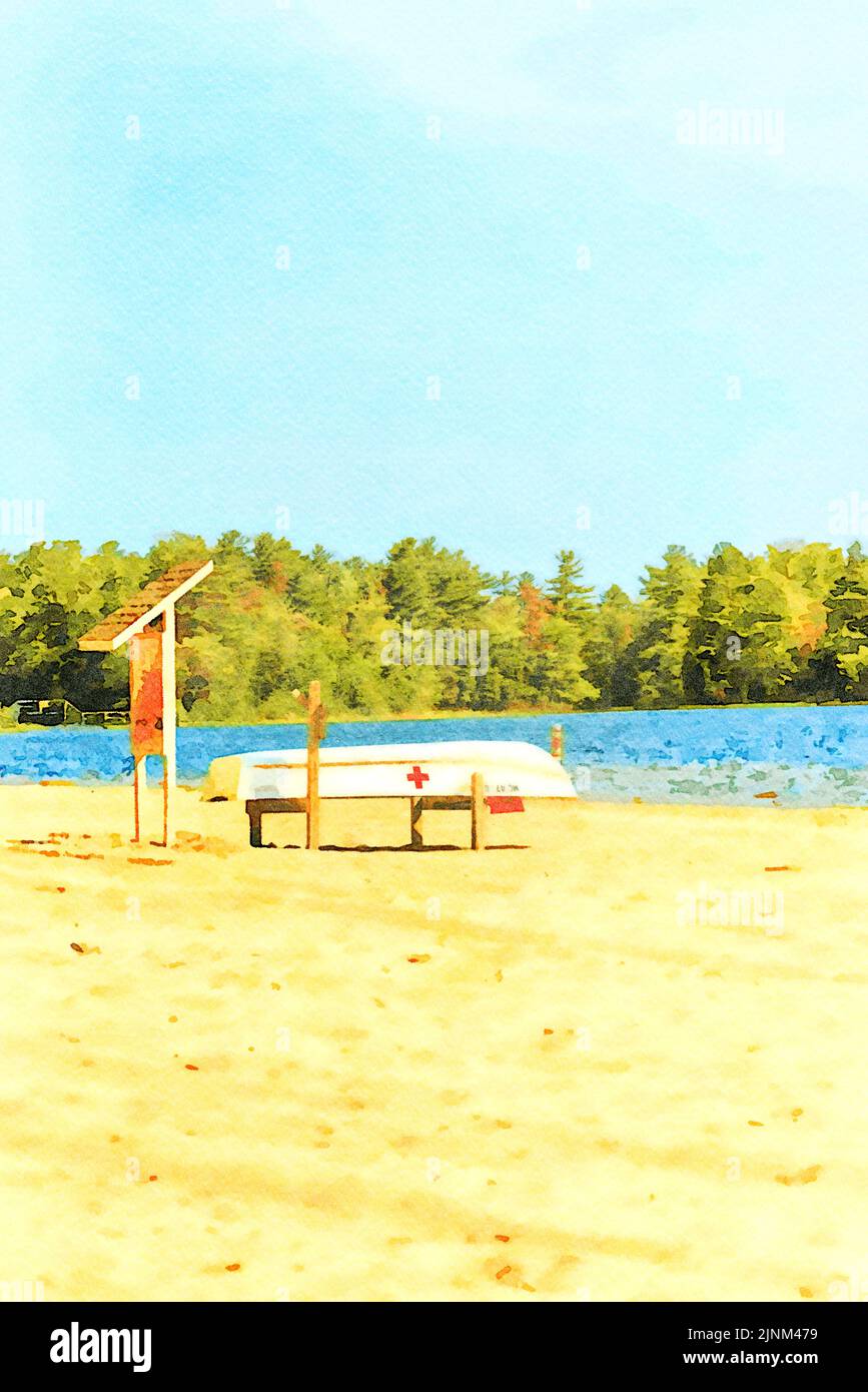 Digitally created watercolor painting of a rescue boat used by a life ...