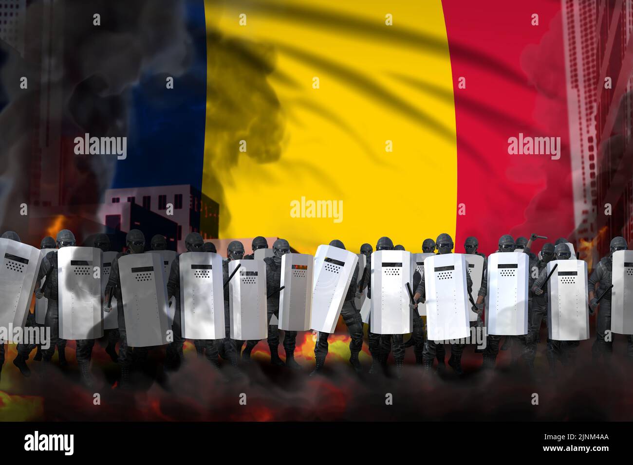 Chad protest stopping concept, police squad on city street are ...