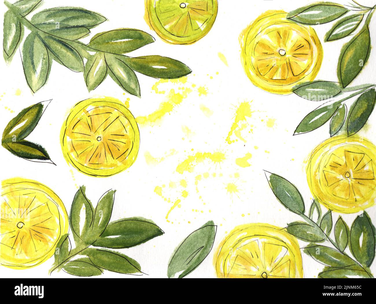 yellow background with lemons and lemon leaves Stock Photo - Alamy