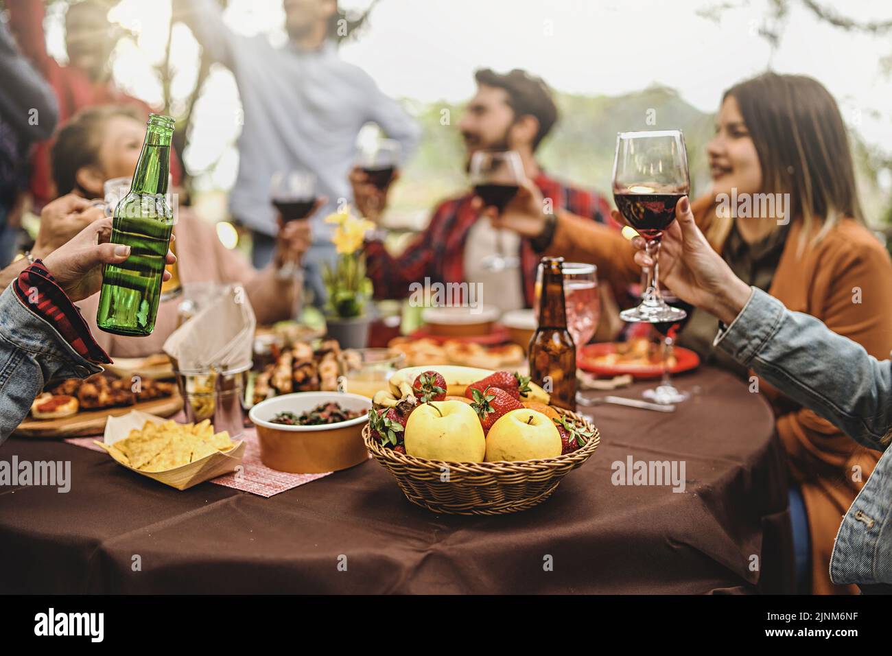 Happy people cheer at barbecue party in backyard - Young friends ...