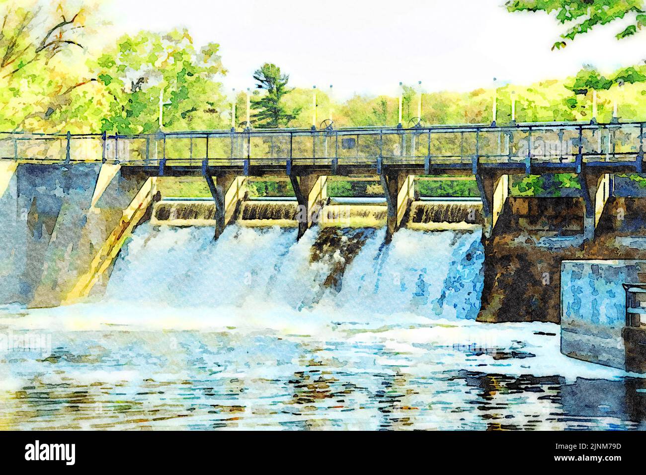 Digitally created watercolor painting of Hamlin Dam on a sunny day ...