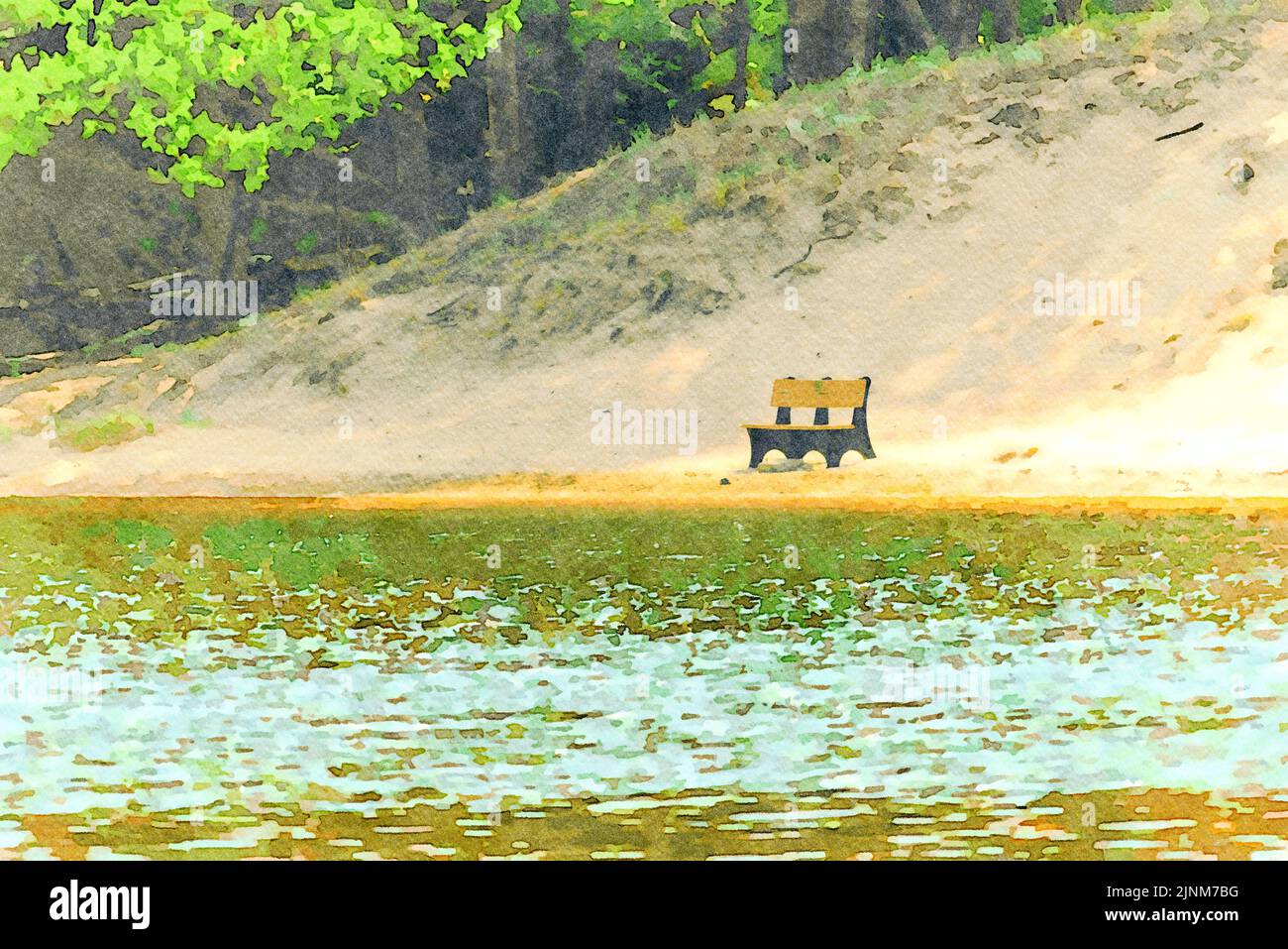 Digitally created watercolor painting of bench on a beach at Lake ...