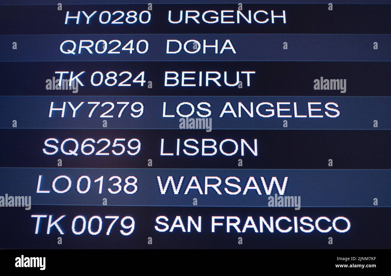 Screen in international airport. Display with names of flights and ...