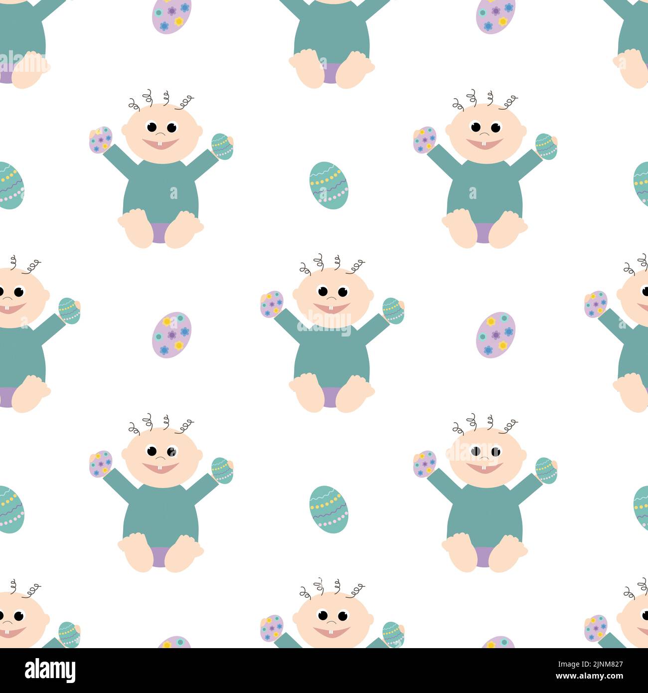 Kid holding Easter eggs on a white background. Easter holiday. Seamless ...