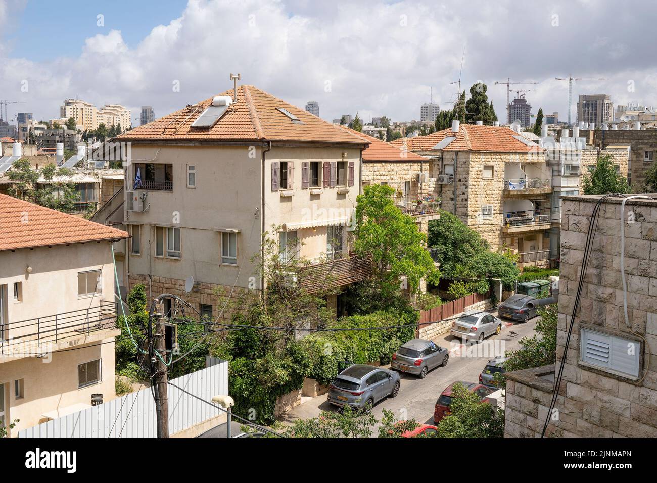 Jerusalem, Israel - May 5th, 2022: A typical street in Rehavia, one of ...