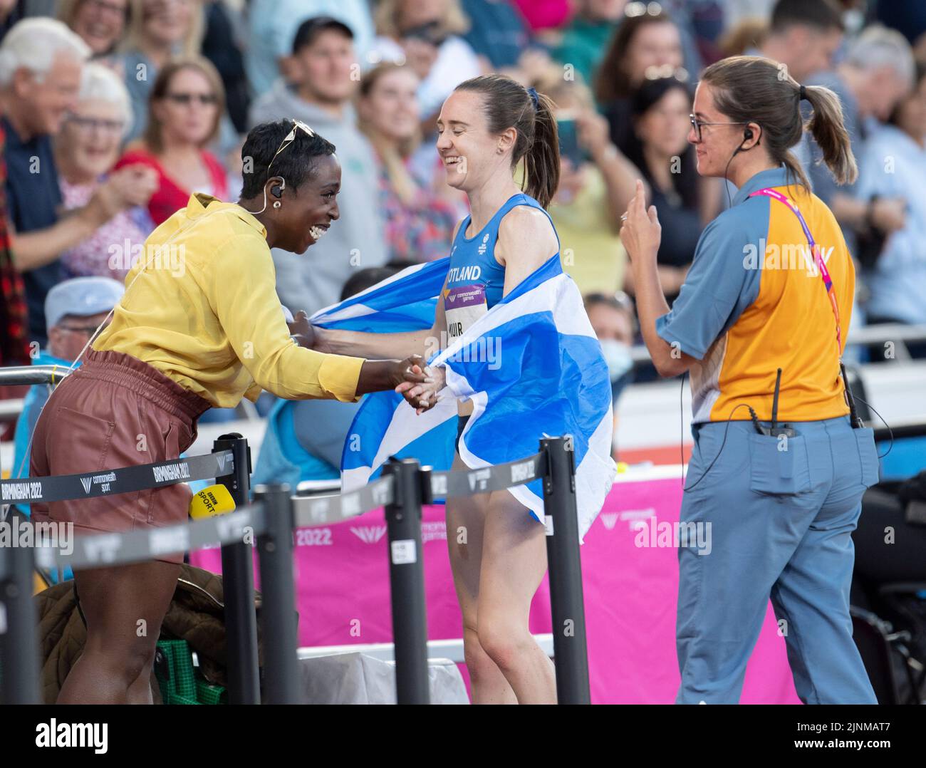 Jeanette Kwakye interviews Laura Muir of Scotland after competing in the women’s 800m final at ...