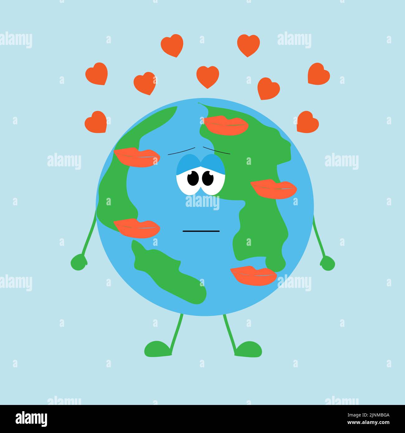 Sad planet in love with red lips from kisses. Valentine's Day. Flat ...