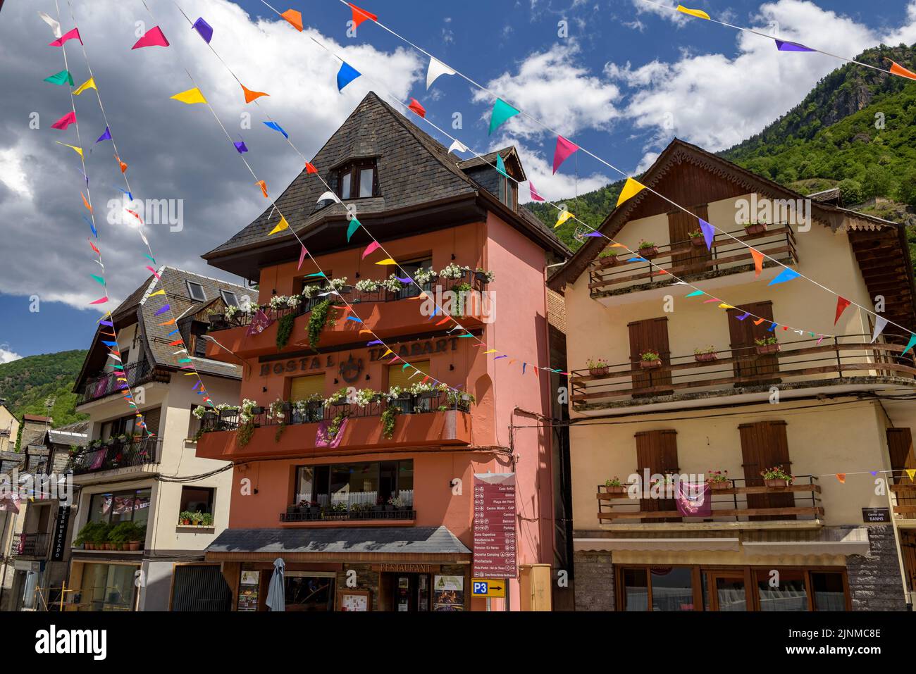 Village of Les decorated for the festival of Sant Joan due to the ...