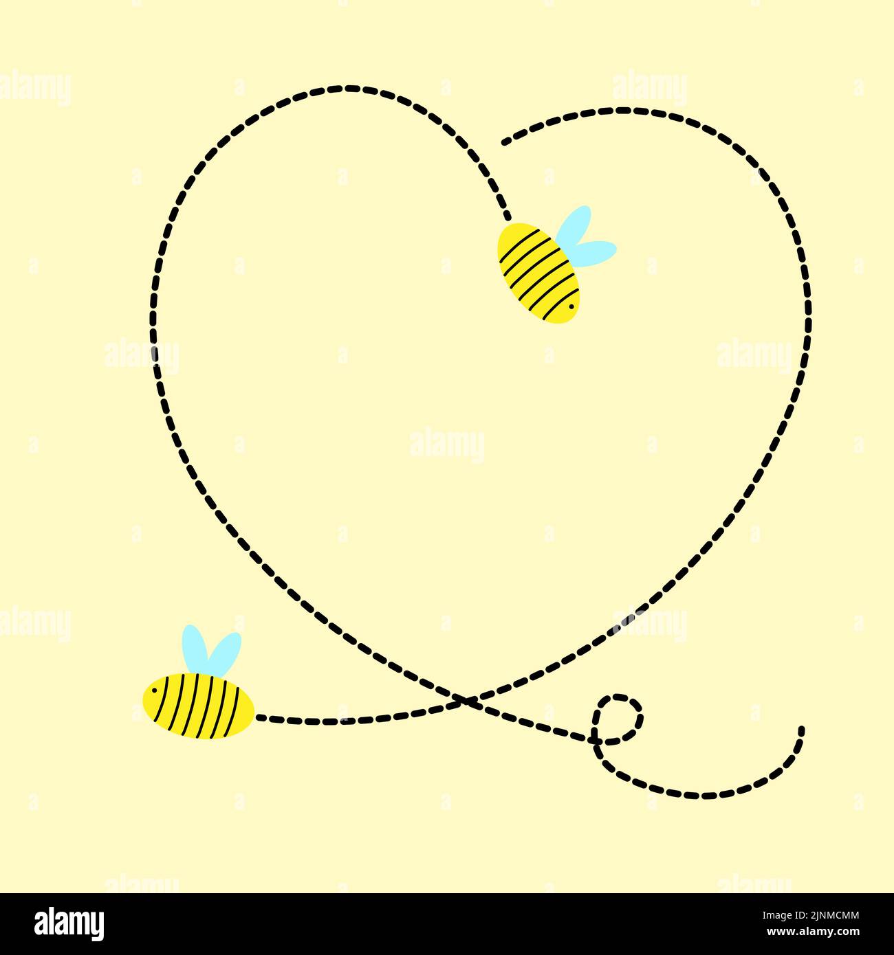 Bee with a dotted line in the shape of a heart on a yellow background ...