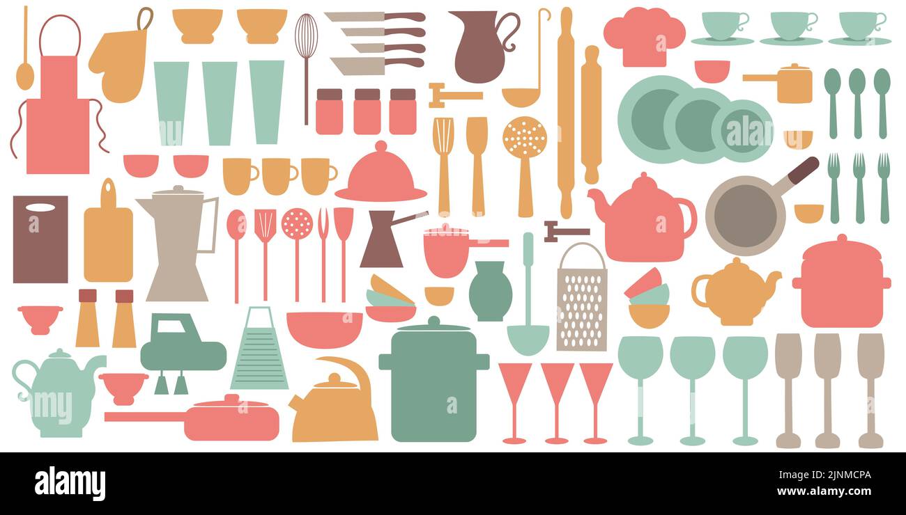 A set of dishes and kitchen utensils for cooking. Flat vector ...