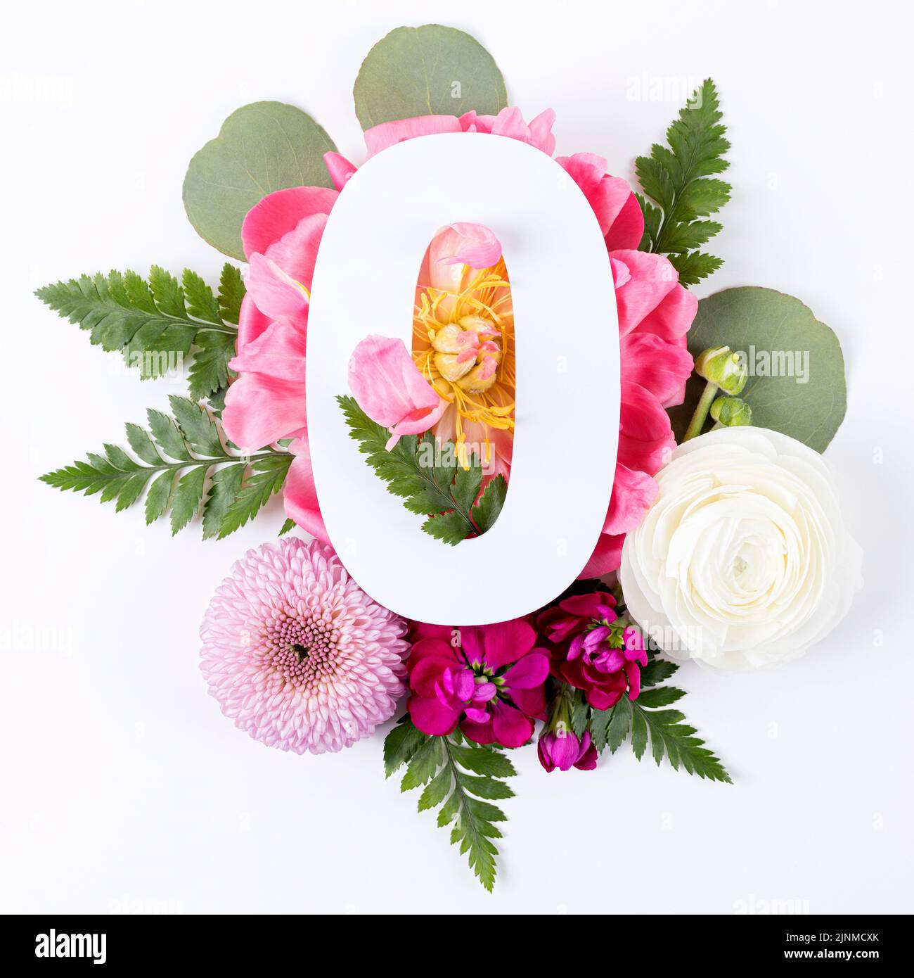 Creative layout with colorful flowers, leaves and number zero isolated ...