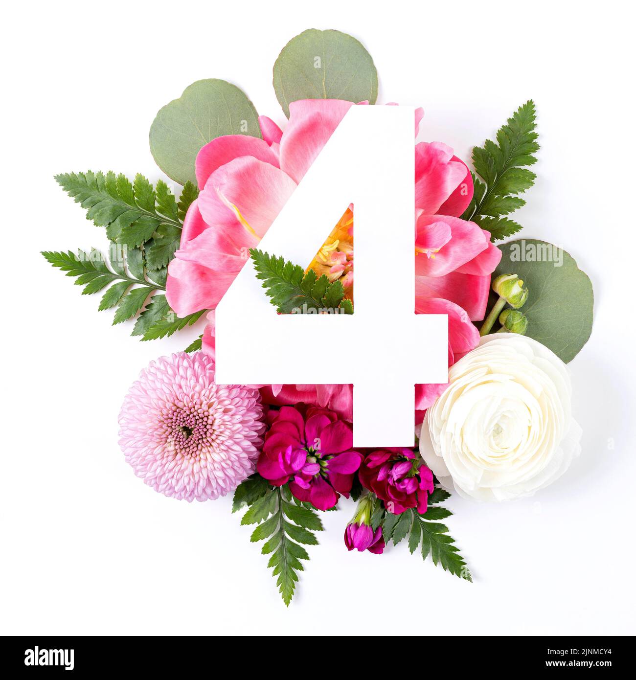 Creative layout with colorful flowers, leaves and number four isolated ...