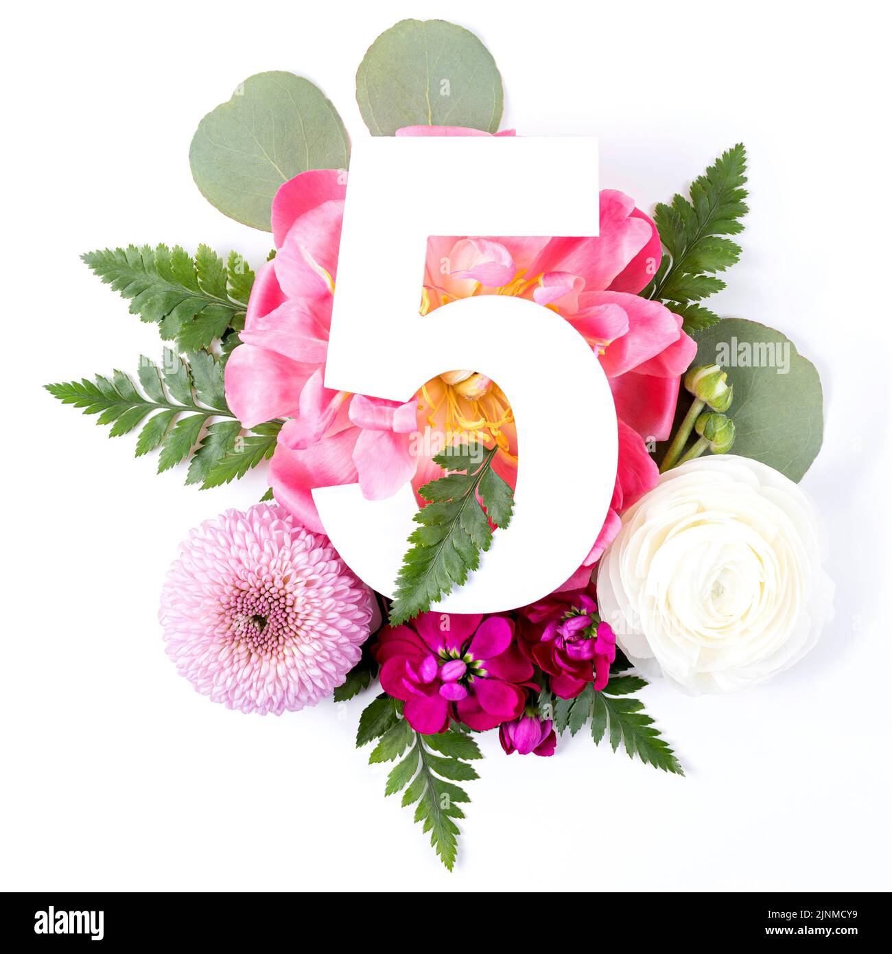 Creative layout with colorful flowers, leaves and number five isolated ...