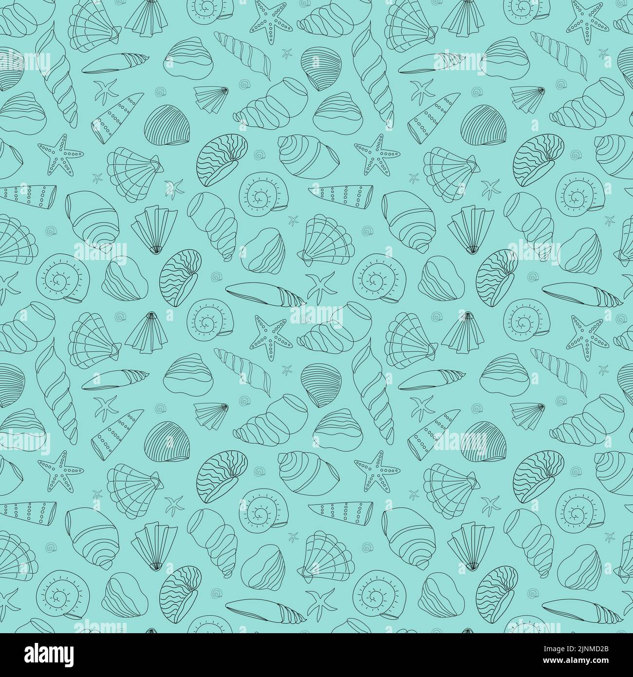 Seamless pattern of seashells in a contour on a turquoise background ...