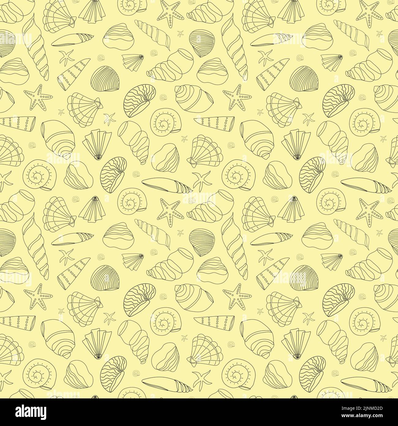 Seamless pattern from seashells in a contour on a yellow background ...