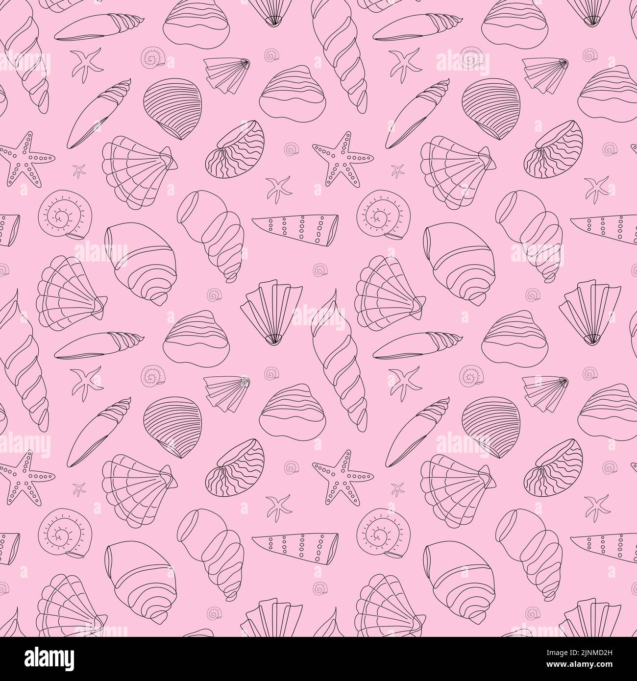 Seamless pattern of seashells in a contour on a pink background. Doodle ...