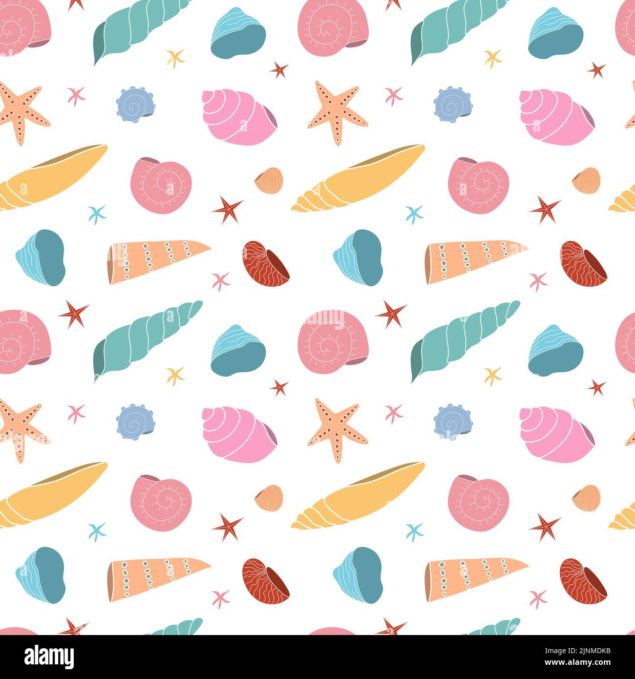 Seamless pattern with multicolored seashells on a white background ...