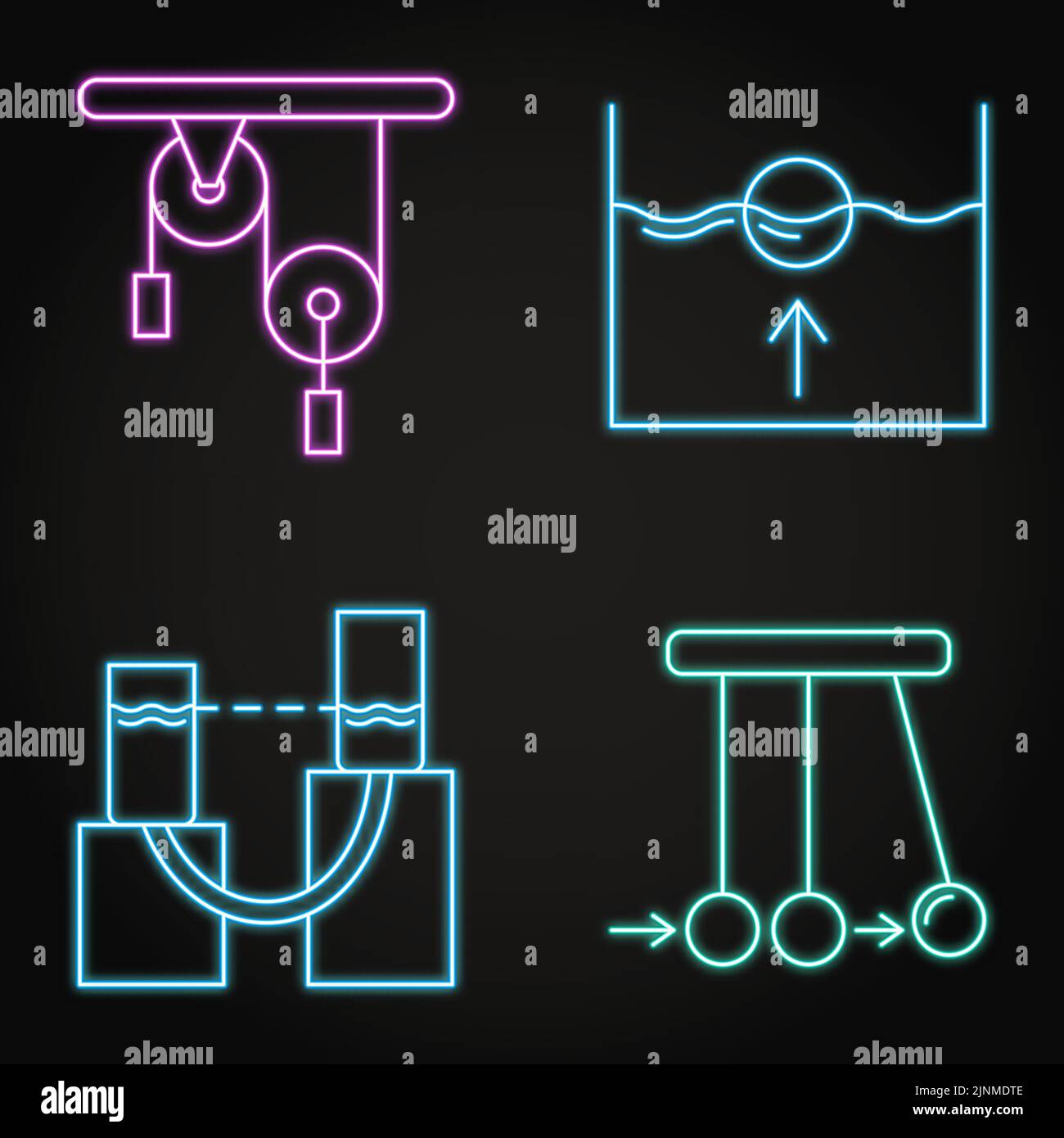 Physics neon icon set in line style. Newton cradle, communicating ...