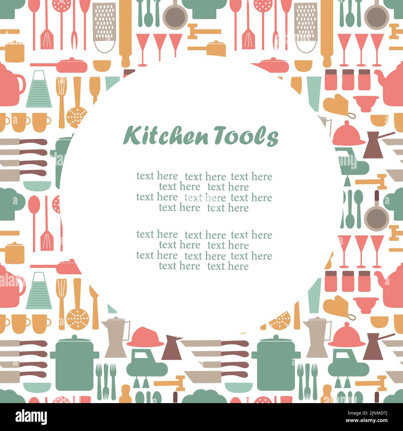 Postcard with a collection of kitchen utensils and place for text ...