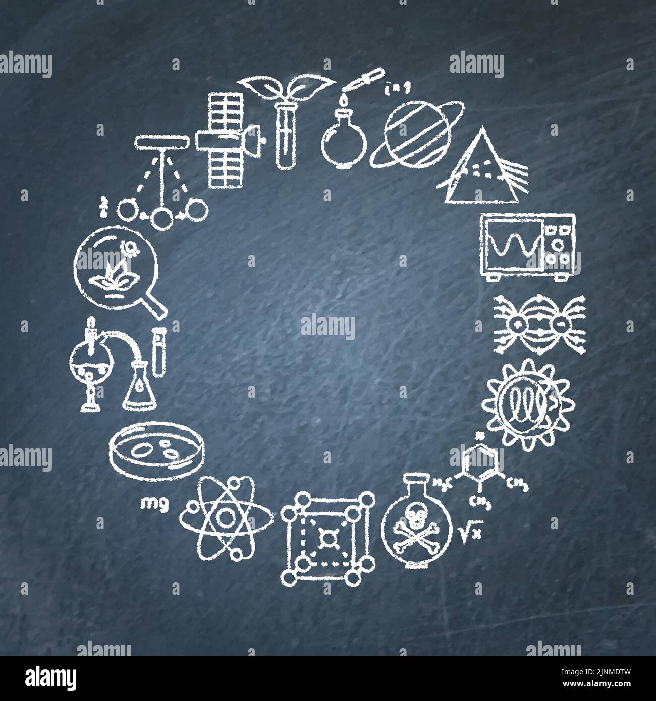 Science round poster on blackboard. Banner with scientific symbols ...