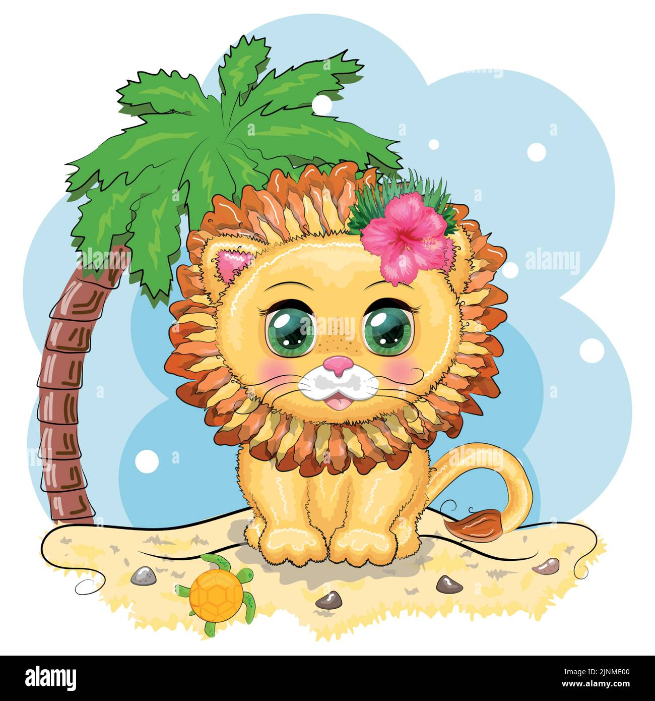 Cute little lion with wreath of hawaii flowers. Cartoon illustration ...