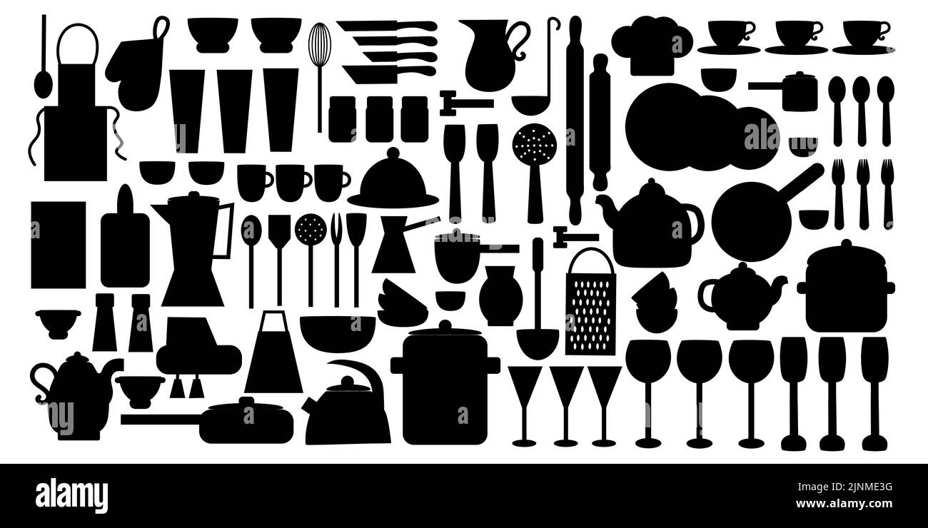 Black color utensils and kitchen utensils icons set. Flat vector ...