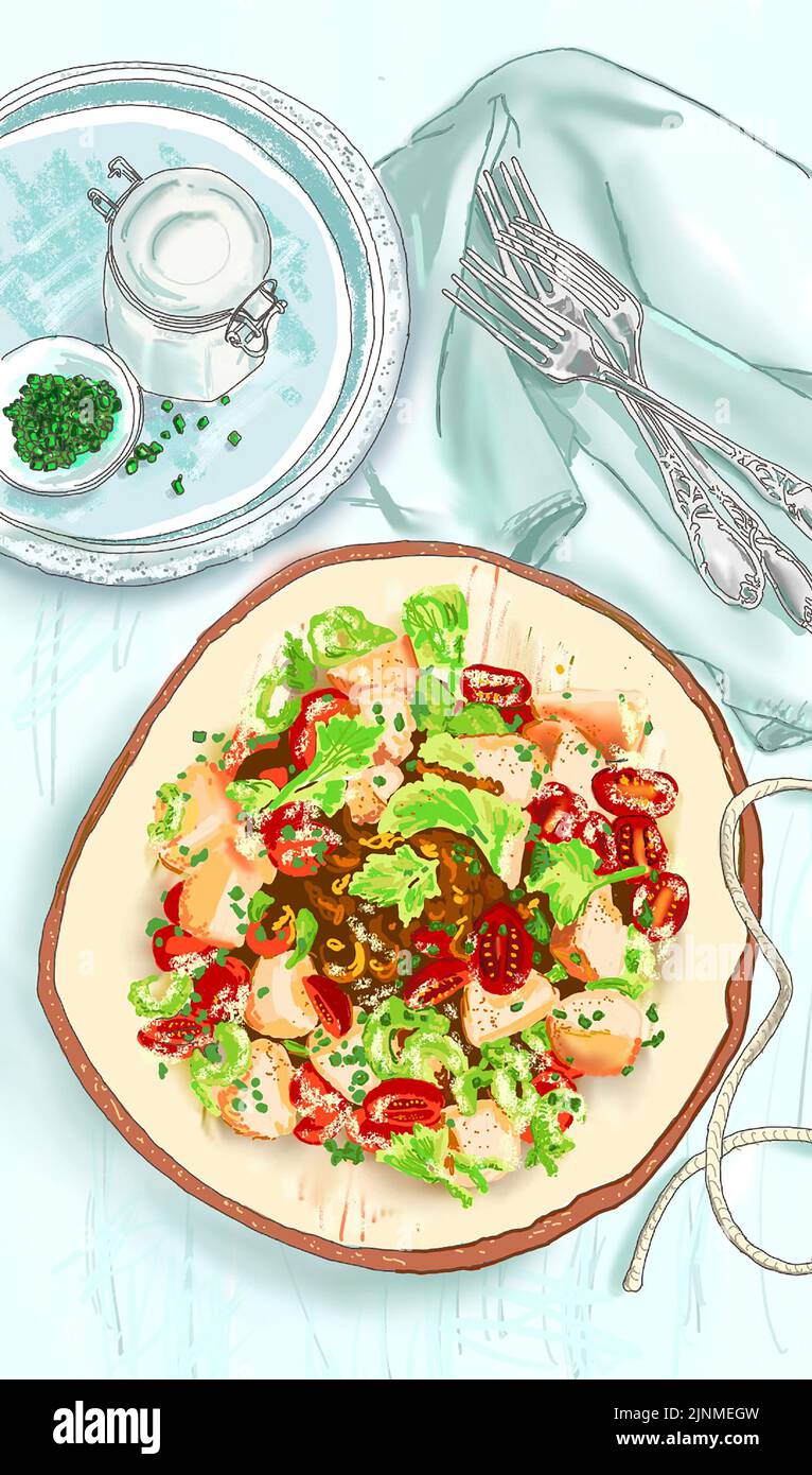 Caesar salad with chicken on blue, wooden background Stock Photo - Alamy