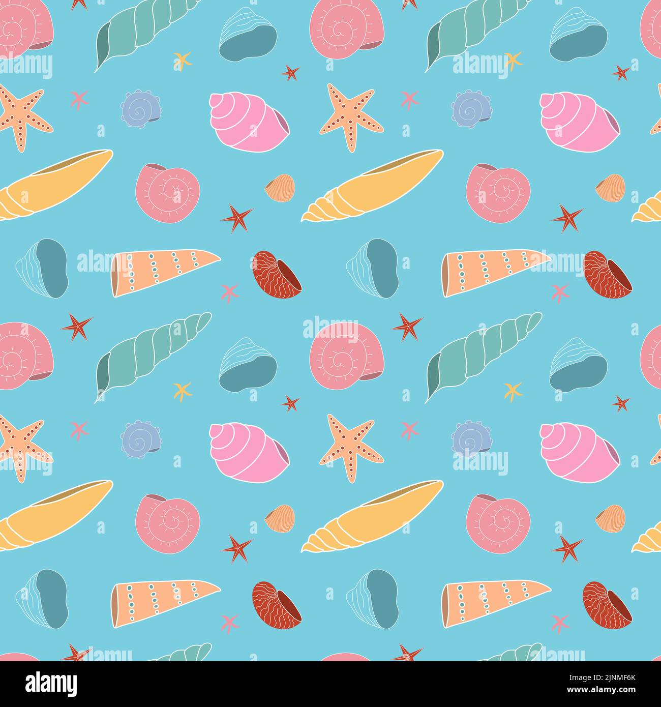 Seamless pattern with multicolored seashells on a blue background ...