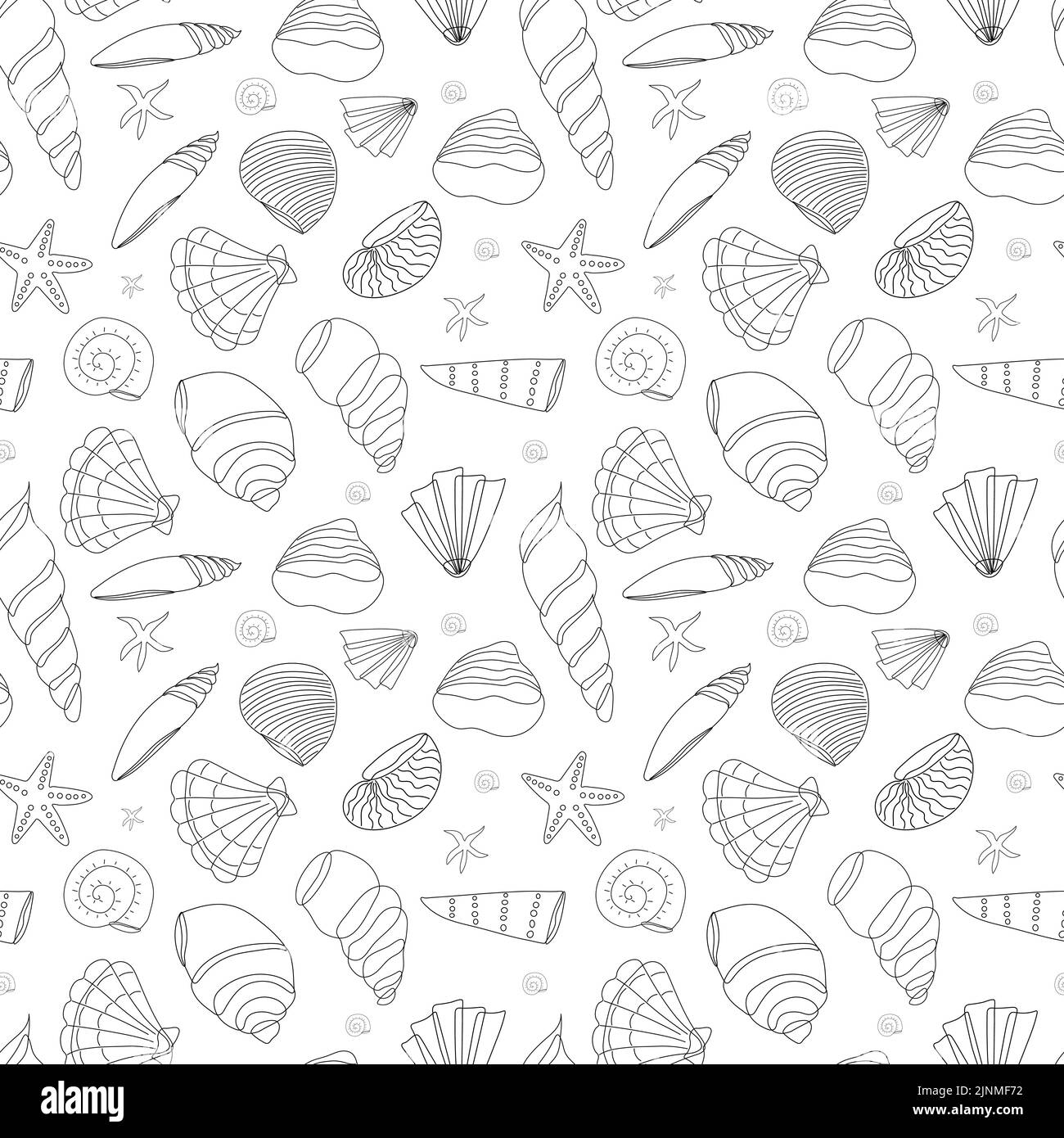 Seamless pattern of seashells in a contour on a white background ...