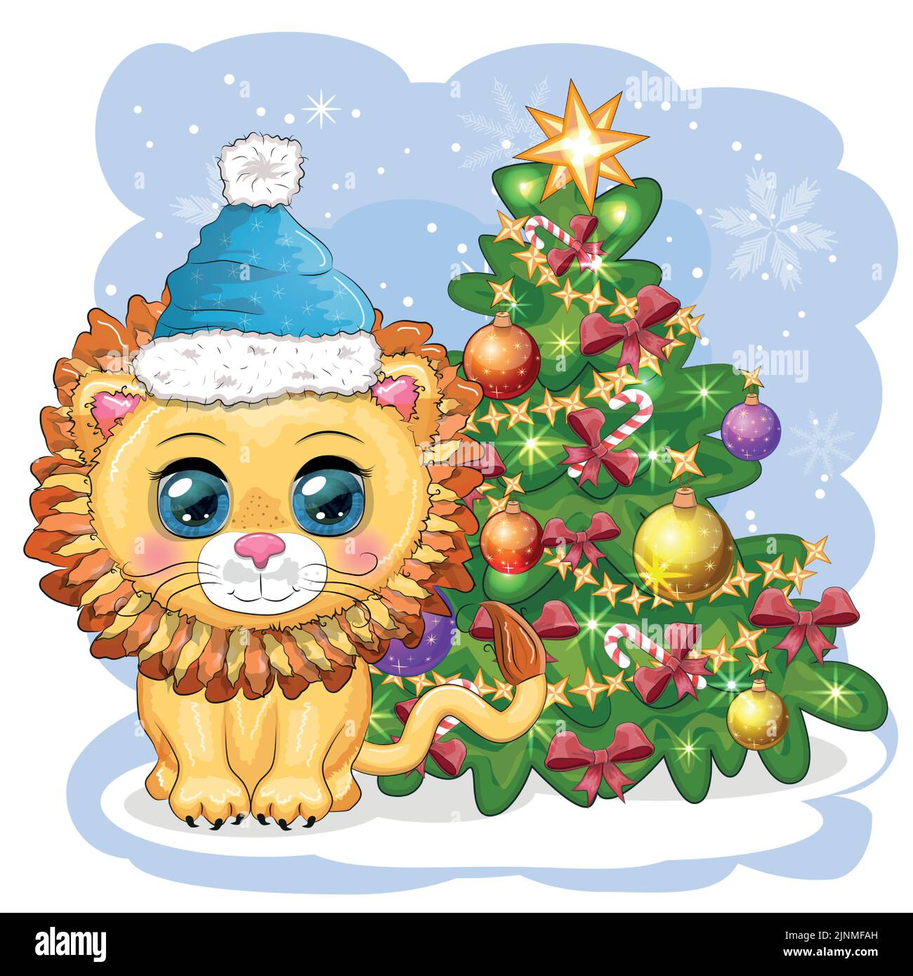 Merry Christmas and Happy New year. Funny lion in red hat with gift in ...