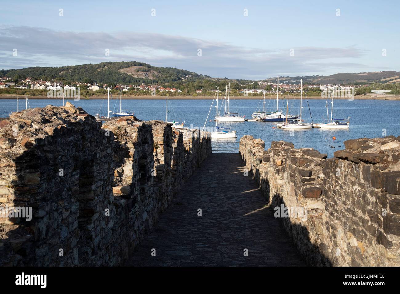 The Medieval walled town of Conwy, North Wales viewed from the spur ...