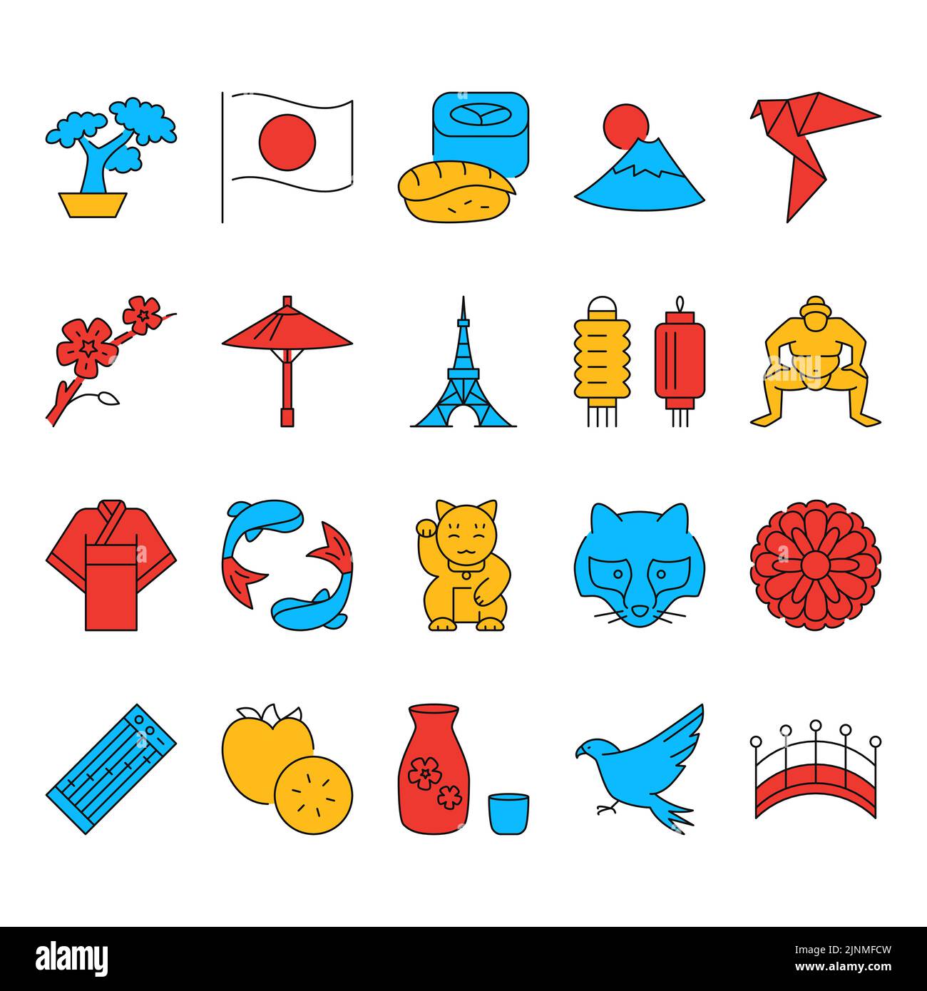 Japan icon set in colored line style. Japanese national symbols. Vector ...