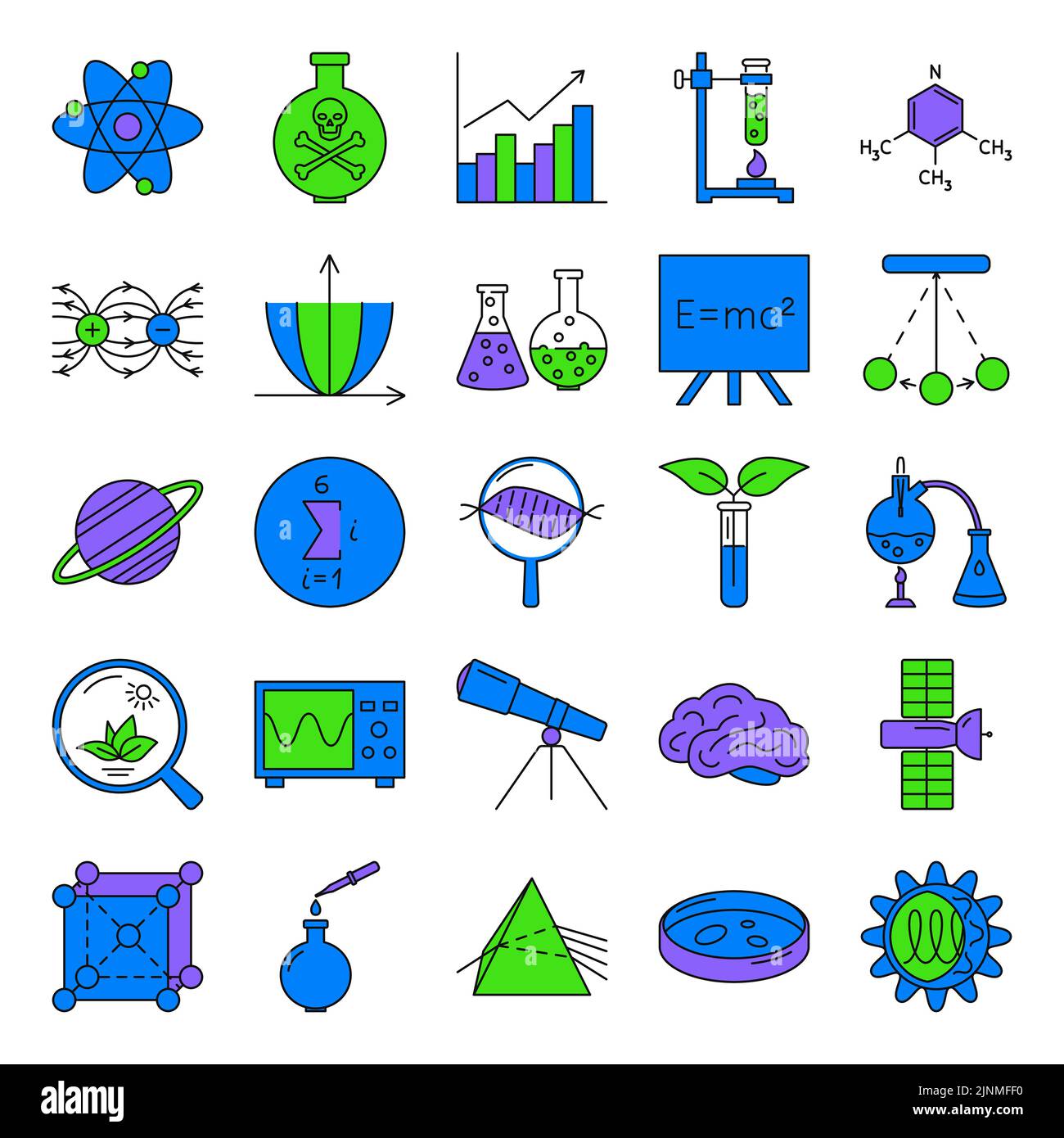 Science icon set in colored line style. Scientific elements collection ...