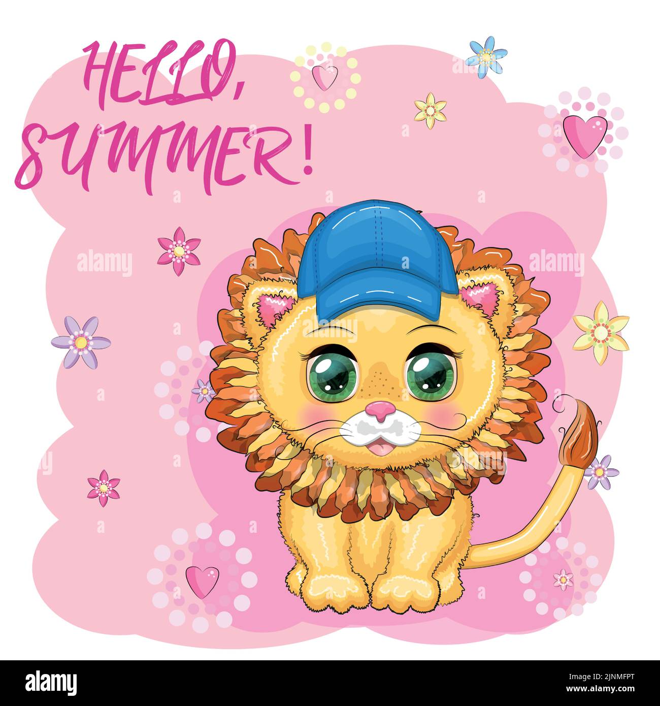 Cartoon lion boy in a blue cap with beautiful eyes, vacation concept ...