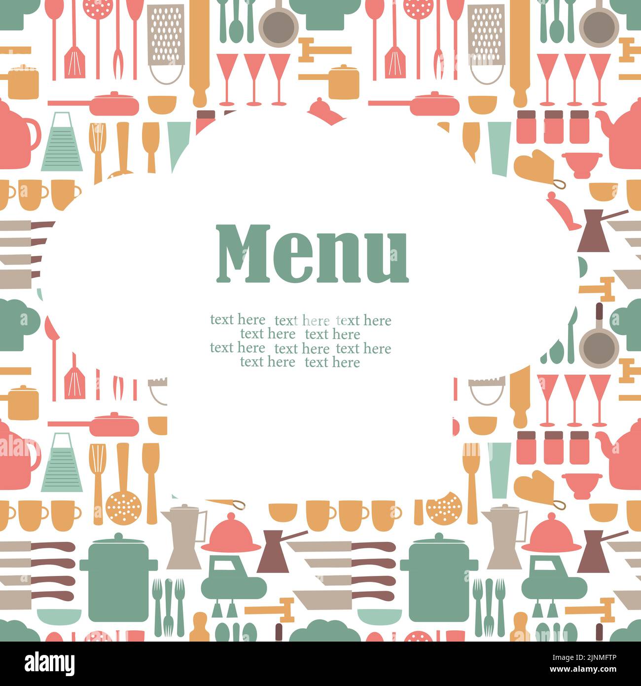 Postcard with kitchen utensils for cooking. Menu invitation. Seamless ...