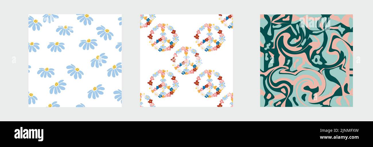 1970s Set of retro seamless pattern. Floral, swirl, mushrooms, peace ...