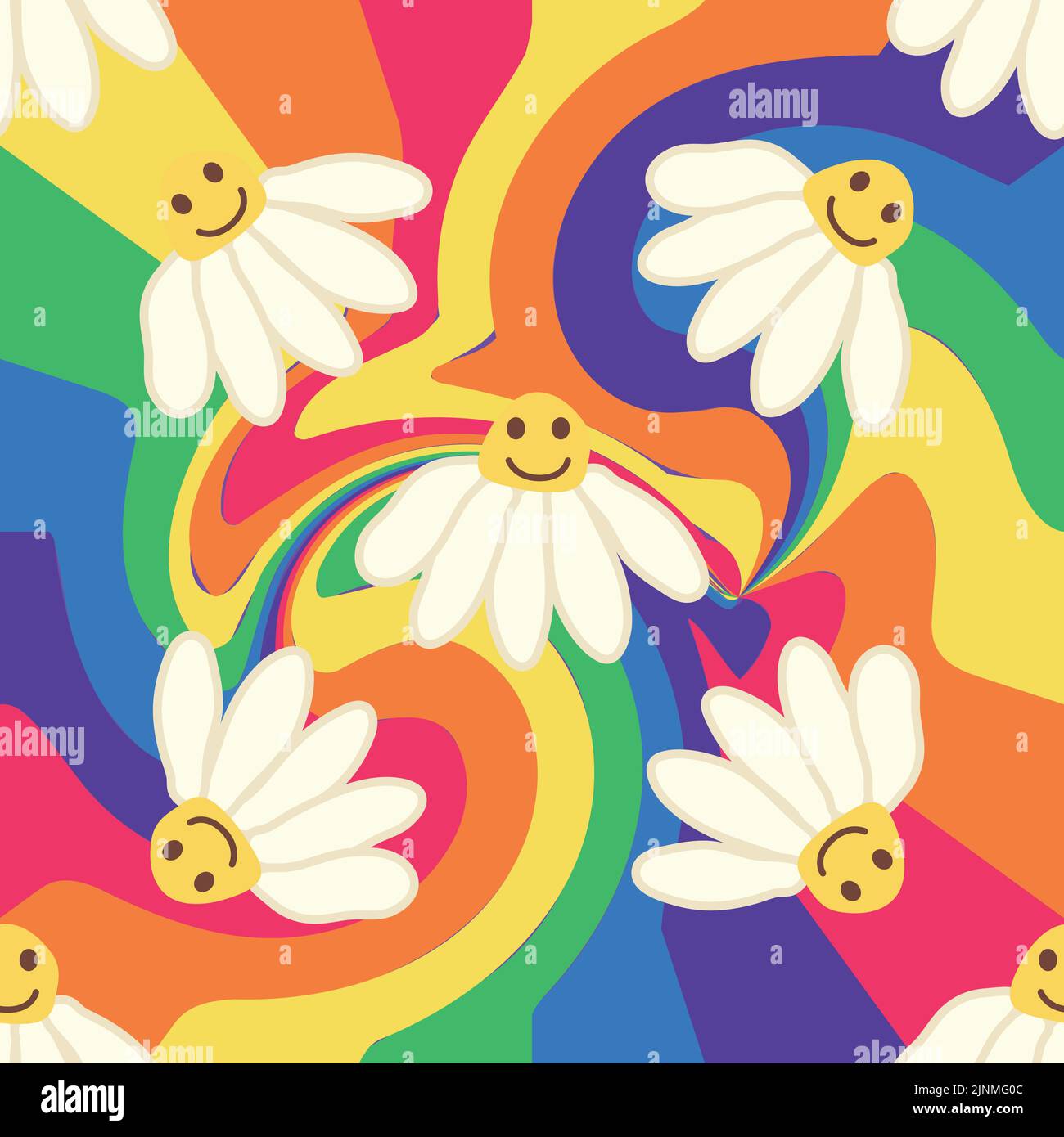 Retro Smile Chamomile Seamless Pattern on 1970 Wavy Swirl Seamless ...