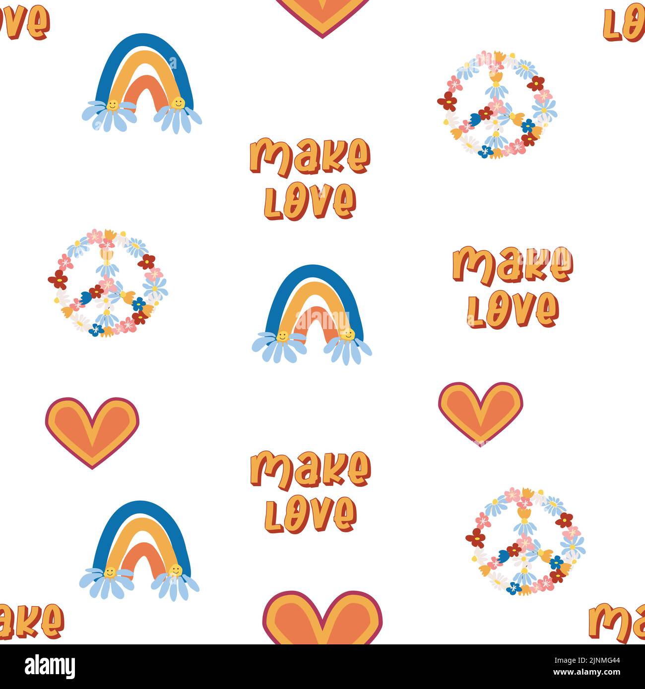 Love heart, peace symbol, rainbow retro 70s seamless pattern. Scattered ...