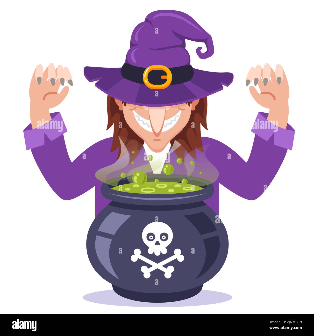 witch prepares a potion in an iron pot. flat vector illustration Stock ...