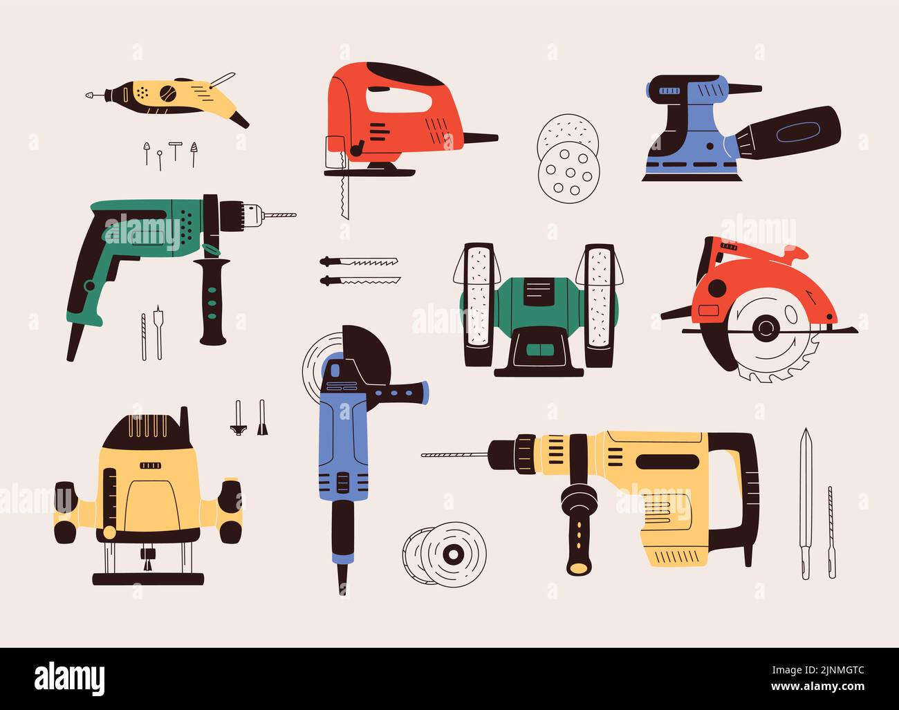 Flat design illustration of power electric hand tools. Set includes ...