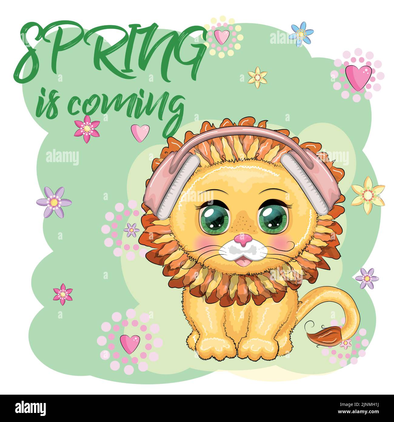 Cute cartoon Lion with headphones, listens to music, note, treble clef ...