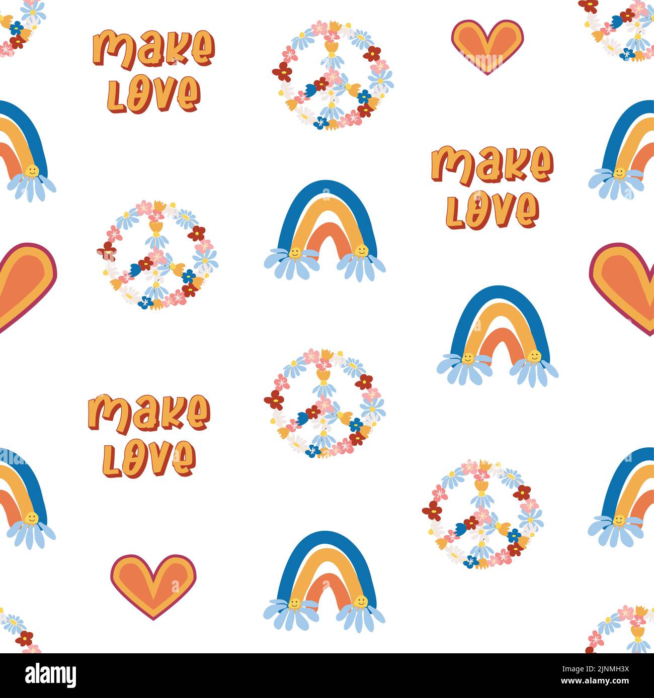 Love heart, peace symbol, rainbow retro 70s seamless pattern. Scattered ...