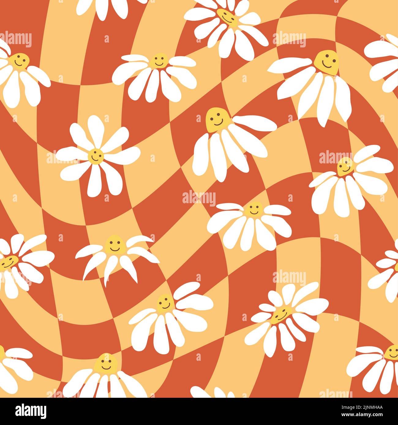 Retro Smile Chamomile Seamless Pattern on 1970 Wavy Swirl Pattern ...