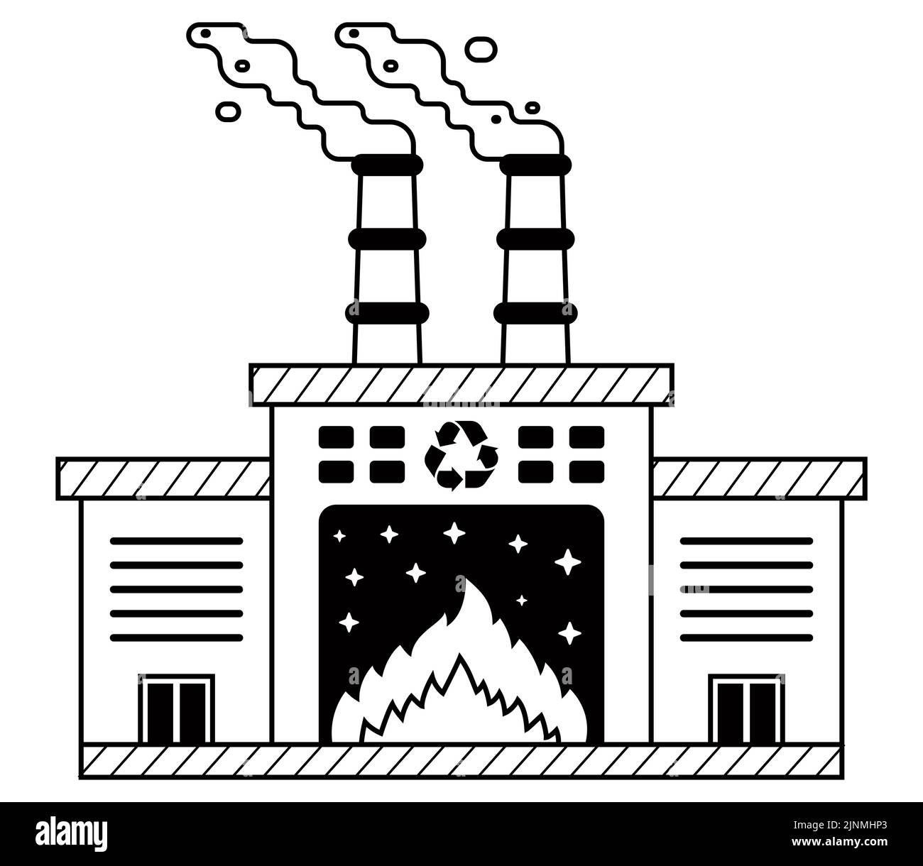 black icon with pipe and smoke. waste incineration plant. flat vector ...