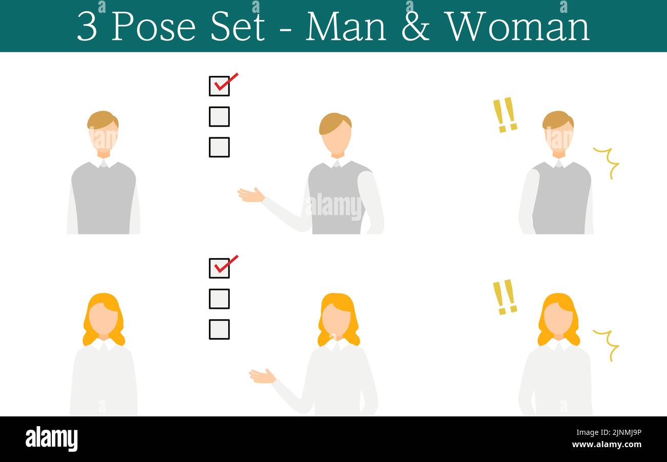 Person's pose set: Face to front, show list, surprise Stock Vector ...