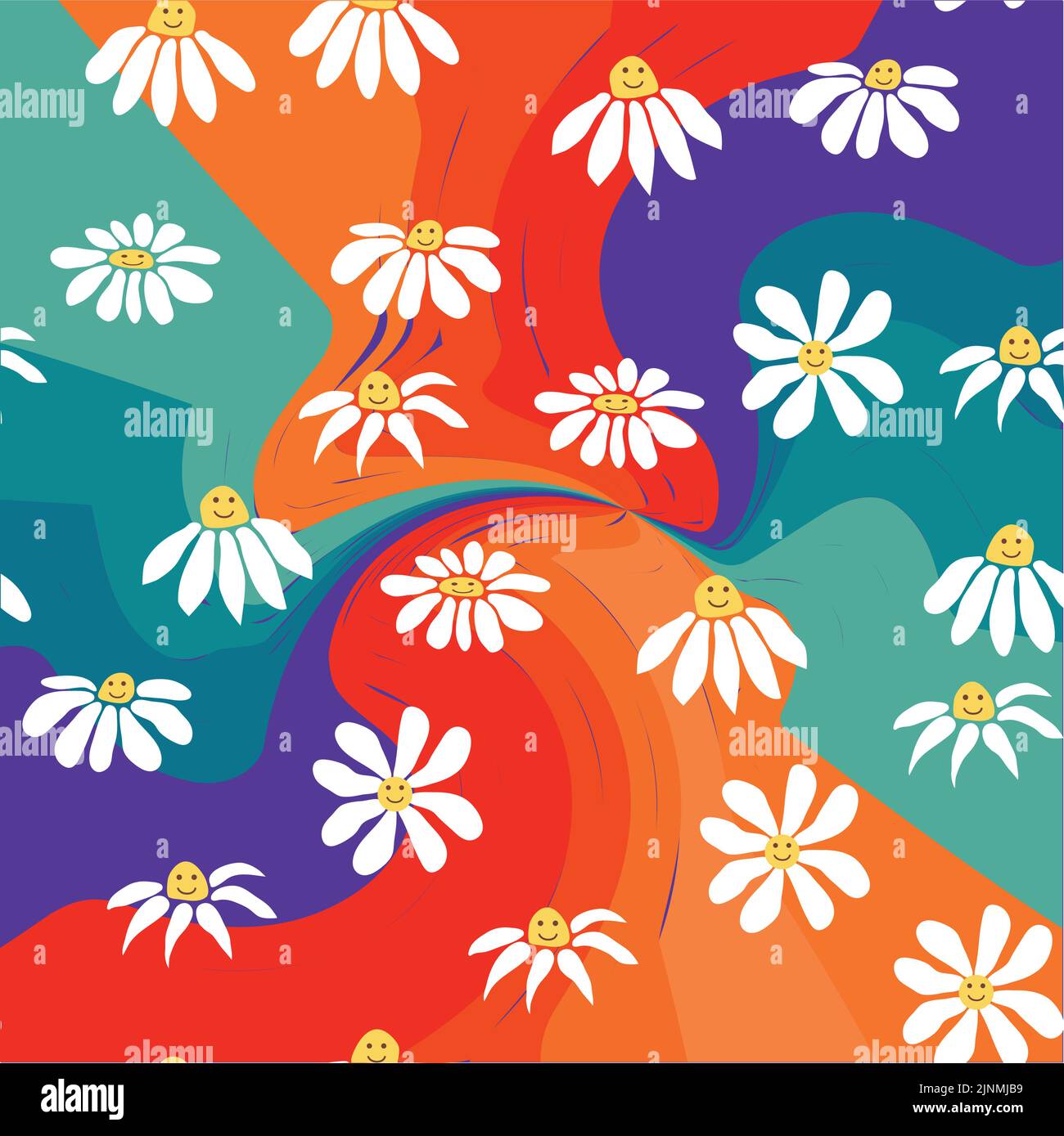 Groovy Daisy Retro Seamless Pattern Retro Smile Chamomile Pattern On
